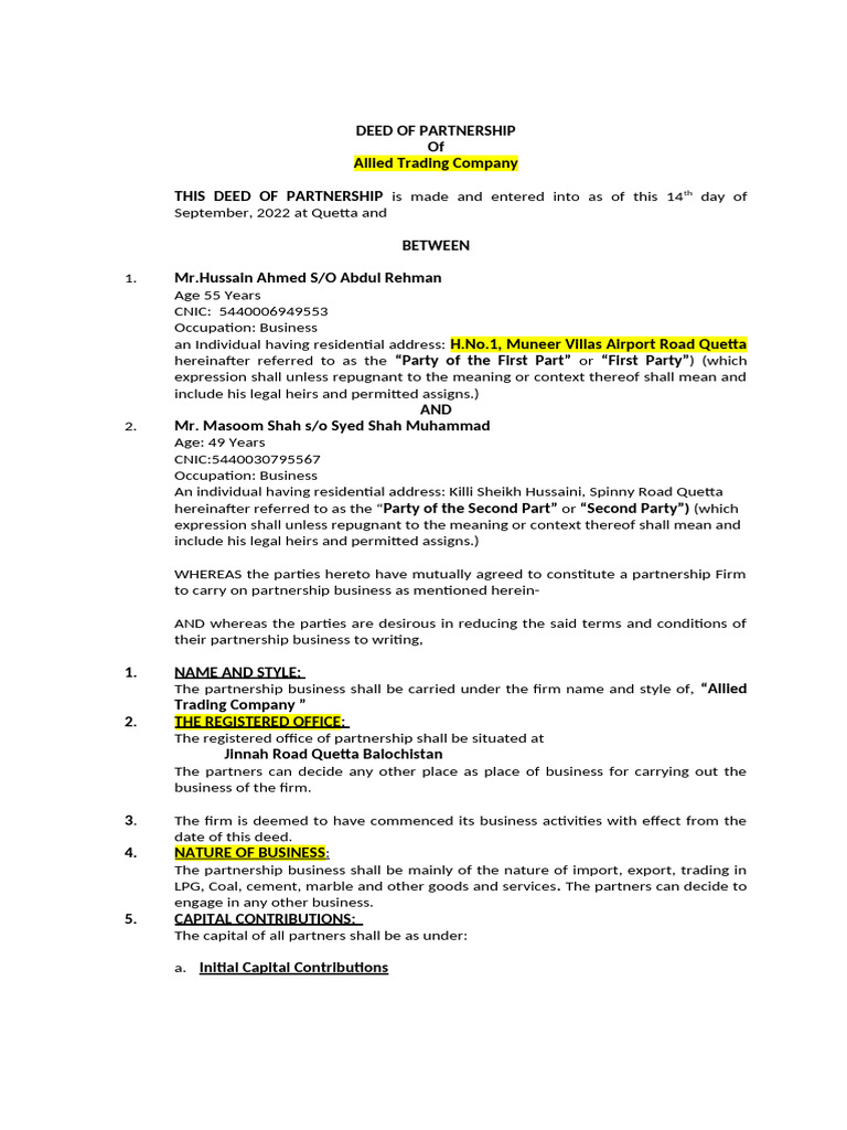 Partnership Deed Format in MS Word Format | PDF | Partnership | Banks