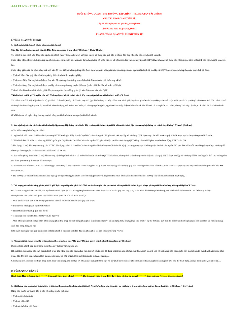 Đã Note TL BUỔI 1 TỔNG QUAN TTTC TGTC GTTGTT 1 | PDF