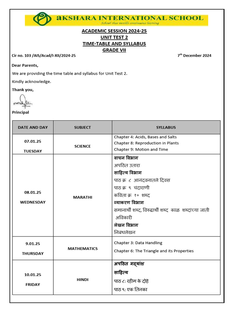 Ais-103 Grade Vii - Ut2 Syllabus - 2024-25 | PDF