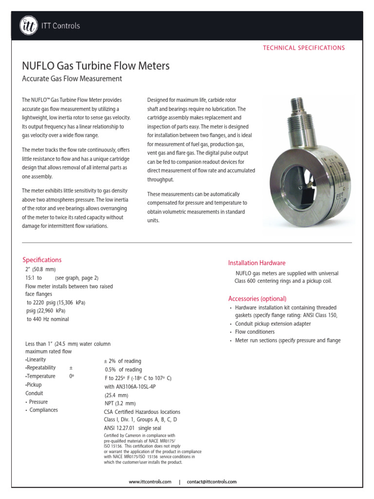 NUFLO Gas Turbine Flow Meters_Technical Spec | PDF | Flow Measurement | Gases