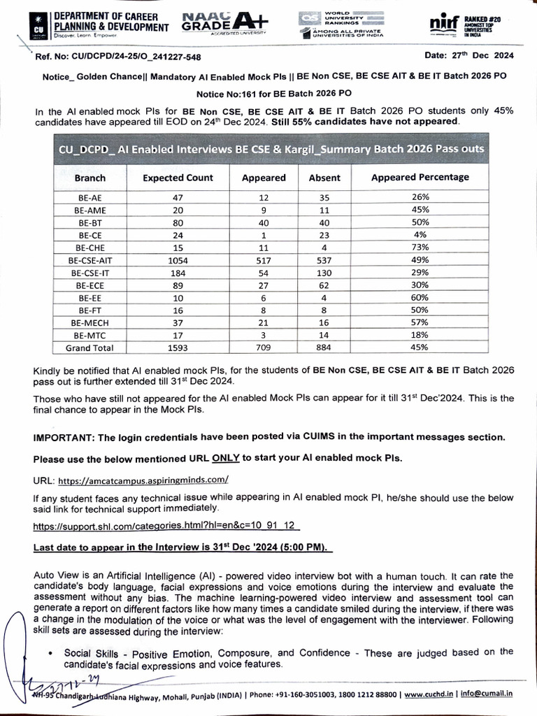 Notice - Golden Chance Mandatory AI Enabled Mock PIs BE Non CSE, BE CSE ...
