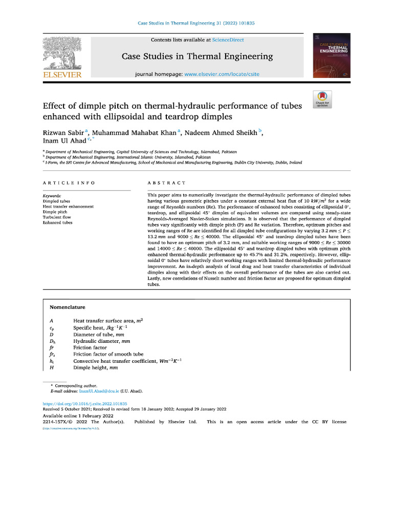 Effect of Dimple Pitch on Thermal-hydraulic Performance of Tubes ...