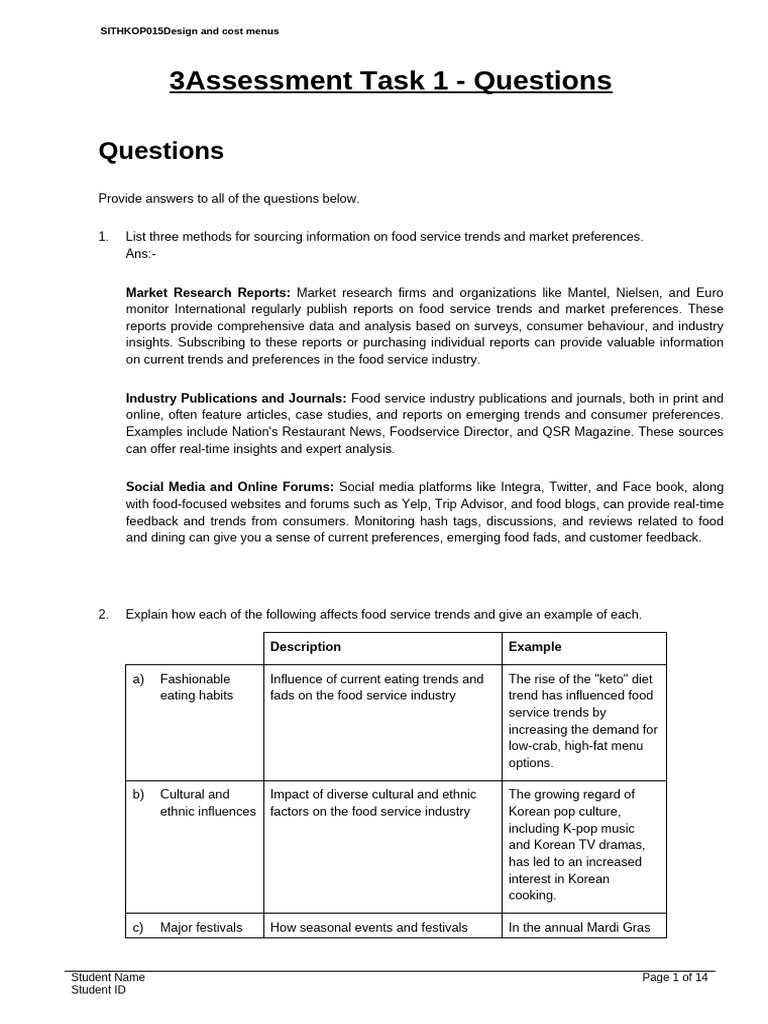 Student Work SITHKOP015 Design and cost menus (1) | PDF | Menu | Entrée