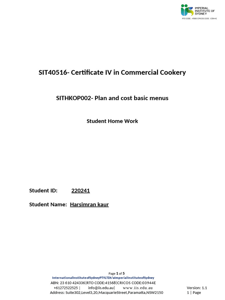 V1.1 - SITHKOP002 - Plan and Cost Basic Menus - Student Homework | PDF | Point Of Sale | Menu