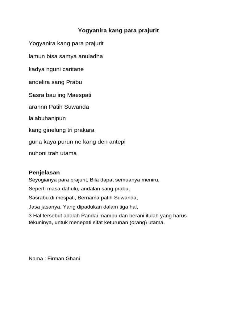 Arti Tembang Yogyanira Kang Prajurit | PDF