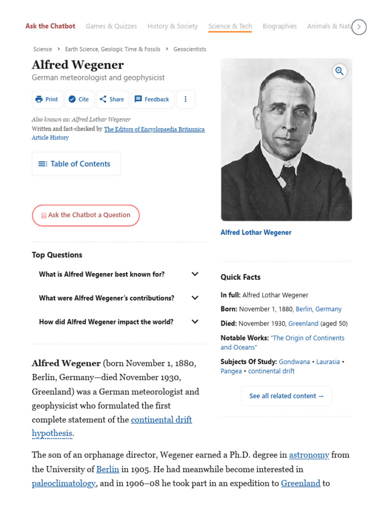 Alfred Wegener - Biography Theory Facts - Britannica | PDF | Geophysics | Seismology