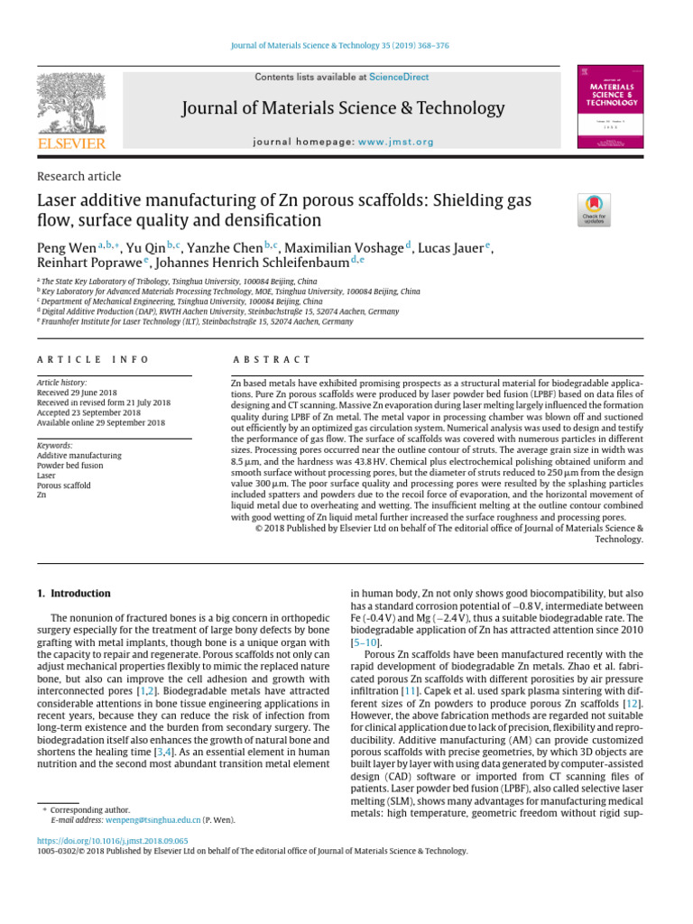 Laser Additive Manufacturing of ZN Porous Scaffolds. Shielding Gas ...
