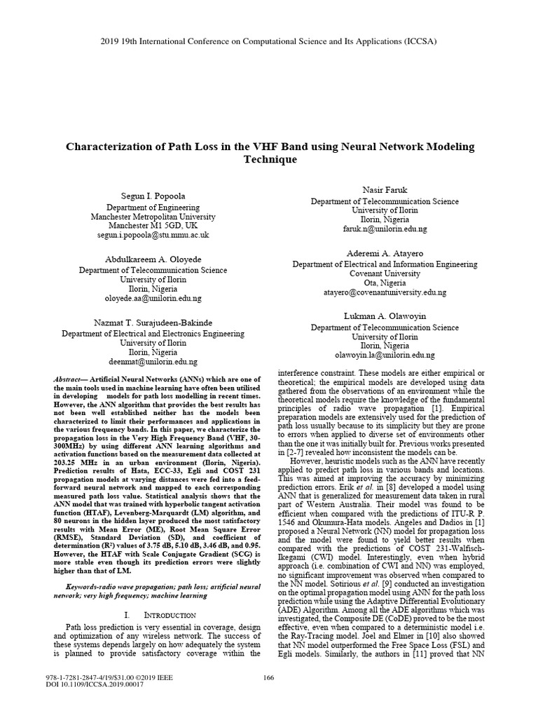 Characterization Of Path Loss In The Vhf Band Using Neural Network