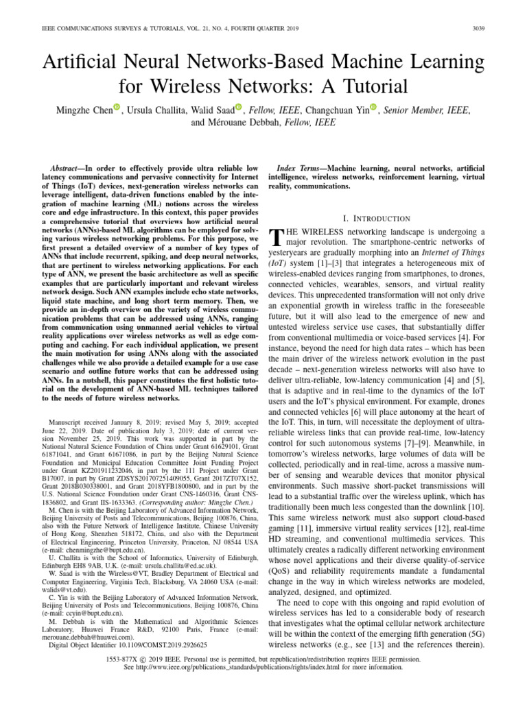 Artificial Neural Networks Based Machine Learning For Wireless Networks ...