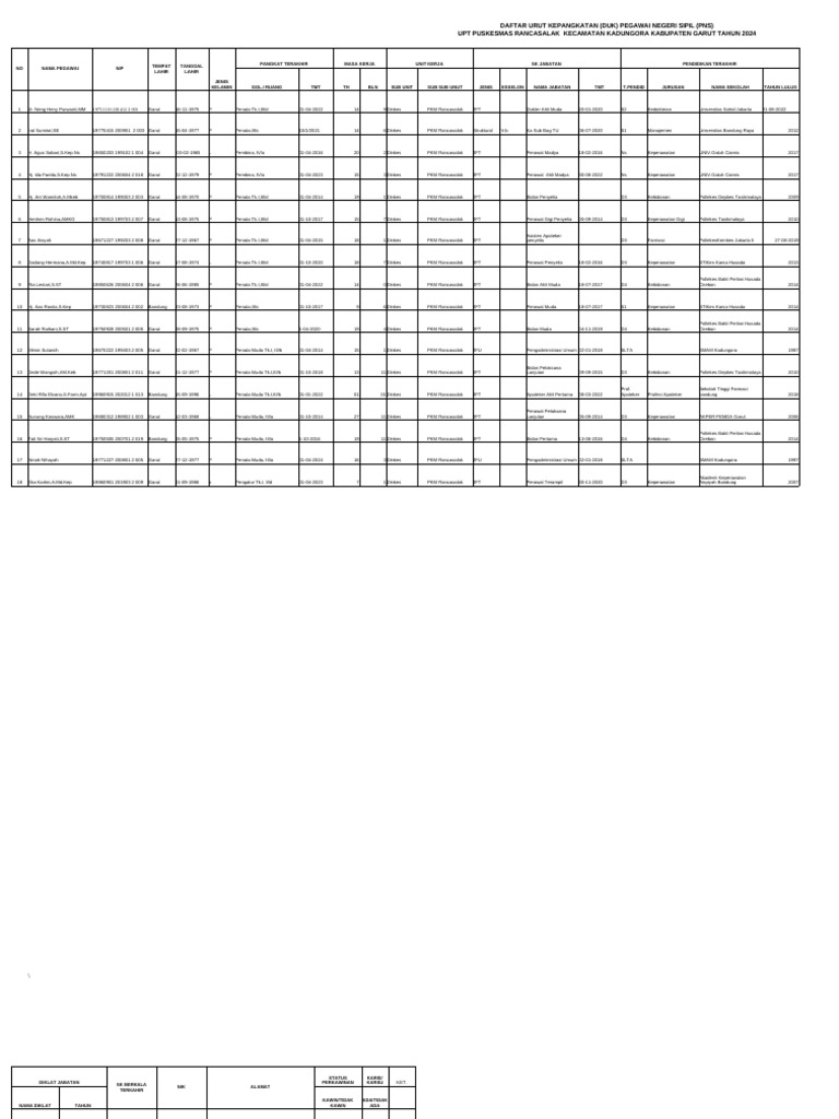 DATA DUK PNS, PPPK, NON PNS PEGAWAI 2024 UPT PUSKESMAS RANCASALAK | PDF