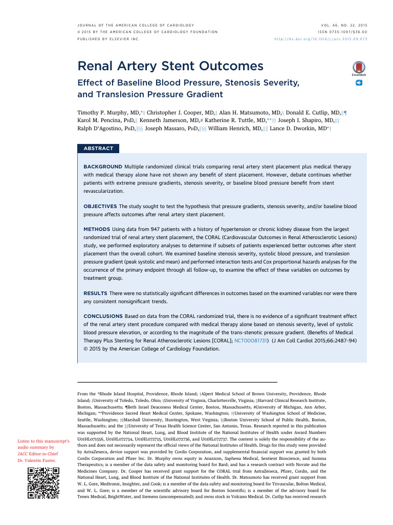 Murphy Et Al 2015 Renal Artery Stent Outcomes | PDF | Blood Pressure ...