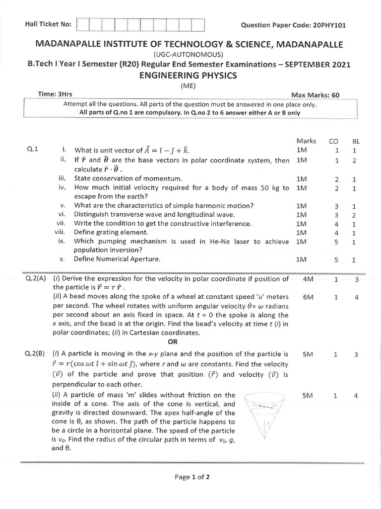 Question Papers For - B.tech I Year I Semester (R20) Regular End Exams ...