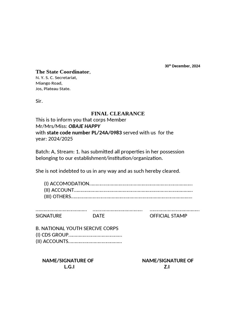 Nysc Final Clearance - 013711 | PDF