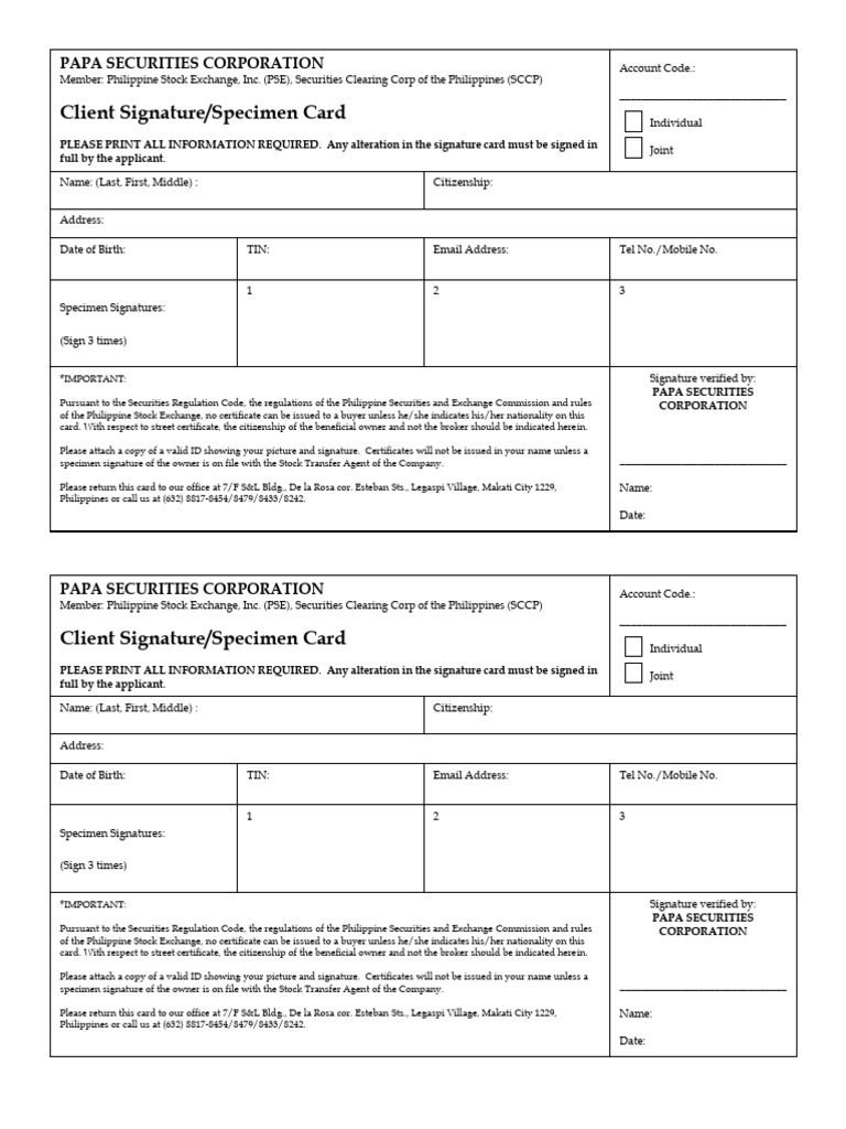 Client Signature Card for Papa Securities | PDF | Securities (Finance)