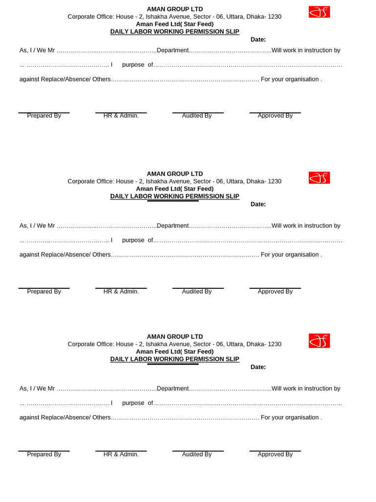 Daily Labor Working Permission Slip | PDF