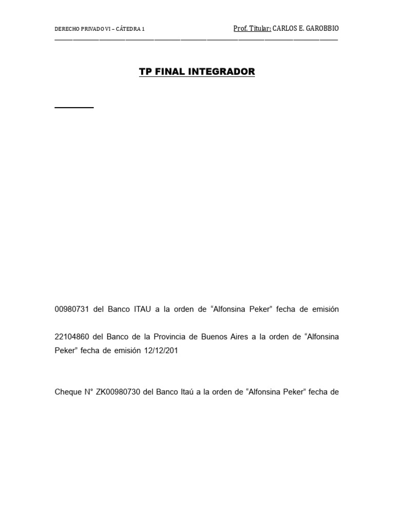 Demanda TP Final Integrador Pedido de Quiebra - Final | PDF | Bancos | Cheque