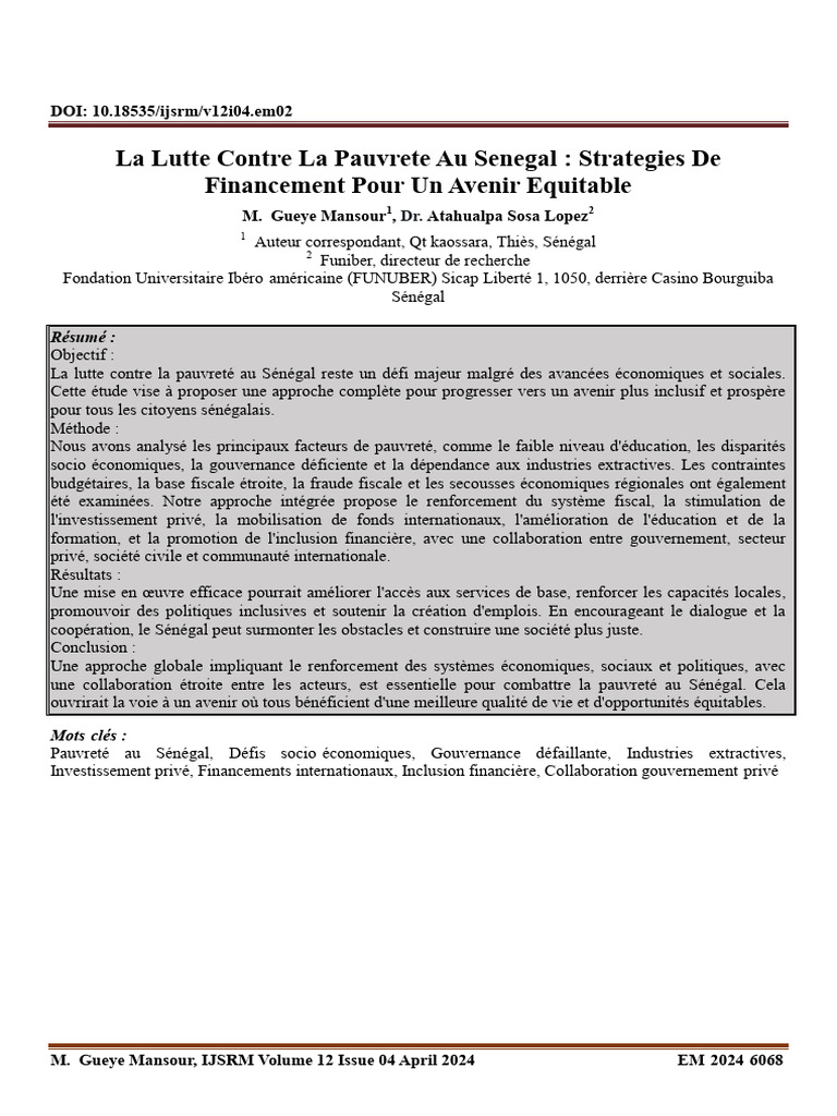 La Lutte Contre La Pauvrete Au Senegal Strategies Pdf Pauvreté