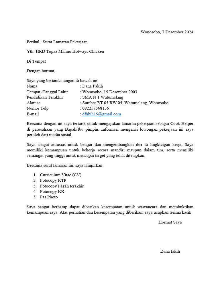 Lamaran Pekerjaan Cook Helper Wonosobo | PDF