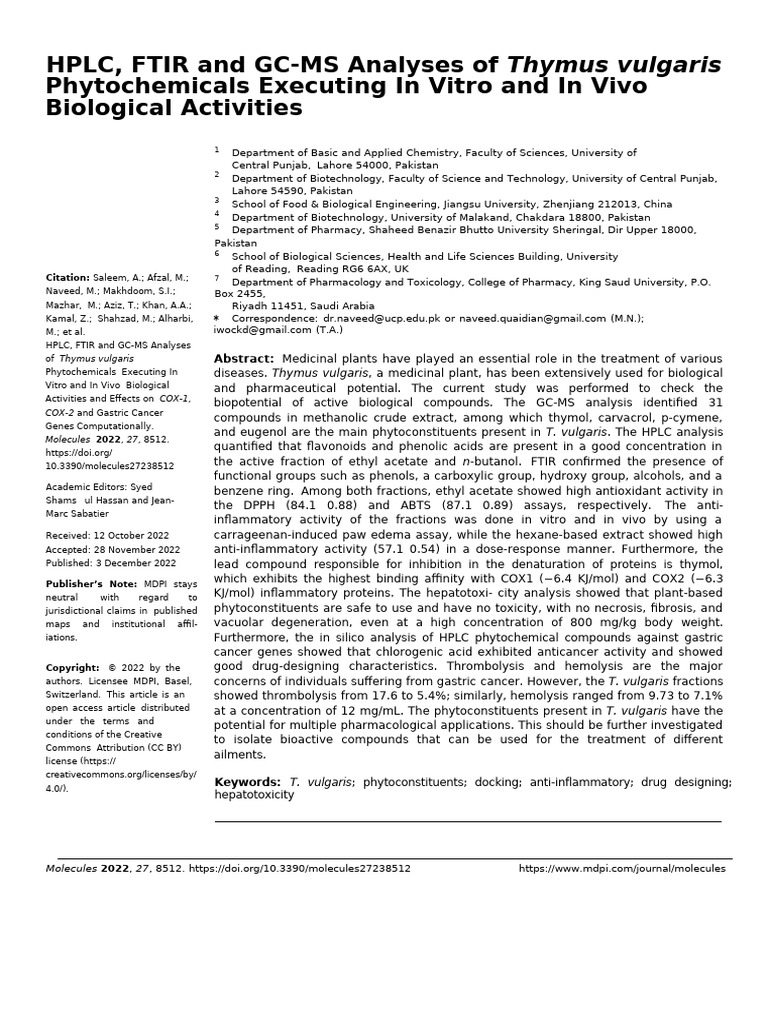 HPLC, FTIR and GC-MS Analyses of Thymus Vulgaris | PDF | Inflammation ...