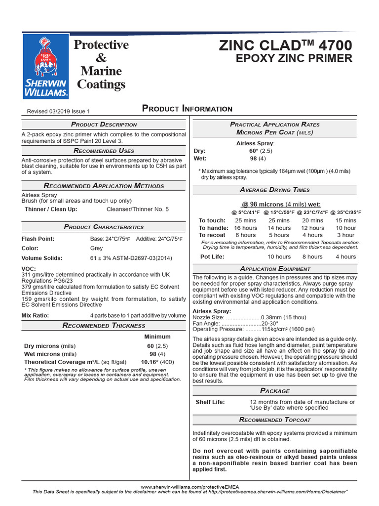 Zinc Clad 4700 Epoxy Primer Data Sheet | PDF | Paint | Epoxy