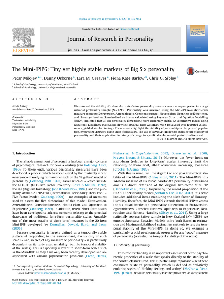 Mini-IPIP6: Stability of Big Six Traits | PDF | Psychometrics ...