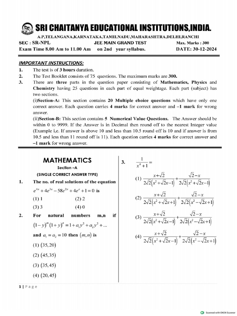 30-12-2024 SR NPL JEE MAIN GRAND TEST on 2nd year syllabus | PDF