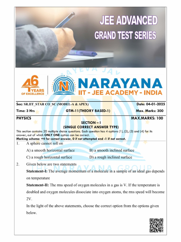 04-01-2025 - SR - STAR CO-SC (MODEL-A& APEX) - Jee - Main - GTM-11 (TBT-1) - QP FINAL | PDF