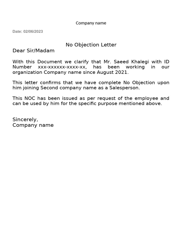 No Objection Letter Dear Sir/Madam: Company Name | PDF