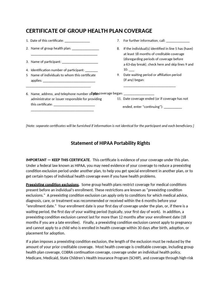 HIPAA Group Health Coverage Certificate | PDF | Health Insurance ...