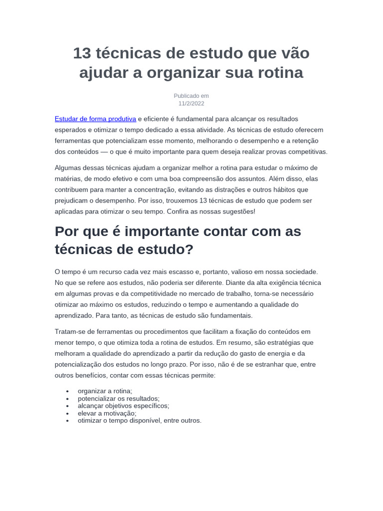 13 técnicas de estudo que vão ajudar a organizar sua rotina 1 | PDF | Aprendizado | Tempo