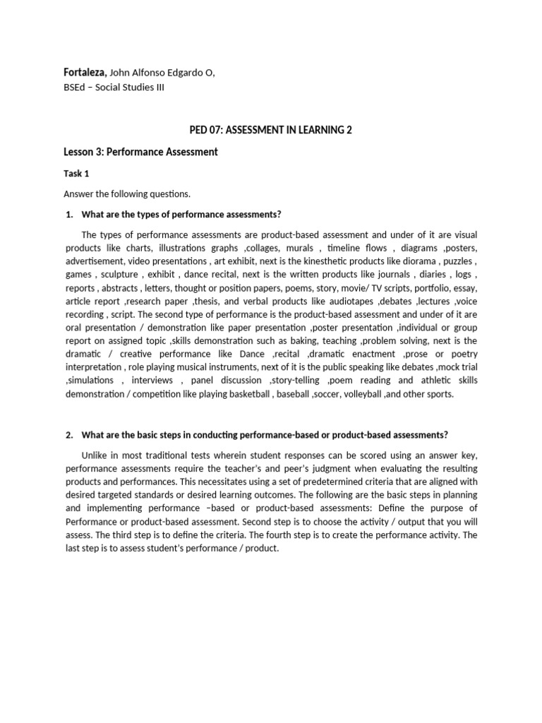 PED 07 - Lesson 3 Activity - Fortaleza, John Alfonso Edgardo O. (Social Studies III) | PDF ...