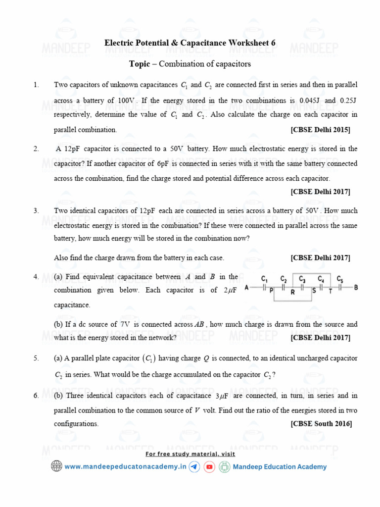 Electric Potential Capacitance WS 6 Combation of Capacitors | PDF | Capacitance | Capacitor