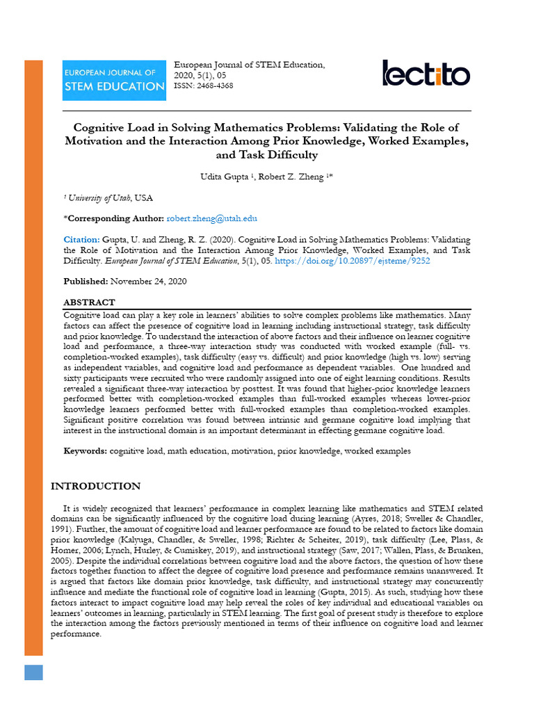 Gupta, U. & Zheng, R. 2020 Cognitive Load in Solving Mathematics Problems Interaction of Prior ...