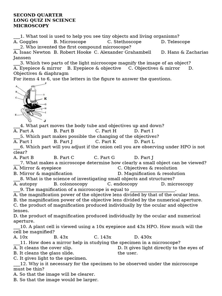 SECOND QUARTER LONG QUIZ -MICROSCOPY | PDF | Equipment | Microscopy