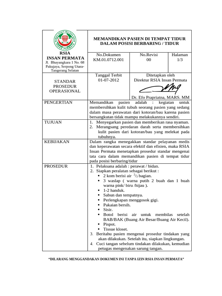 Memandikan Pasien Di Tempat Tidur Dalam Posisi Berbaring Atau Tidur (3hal) | PDF