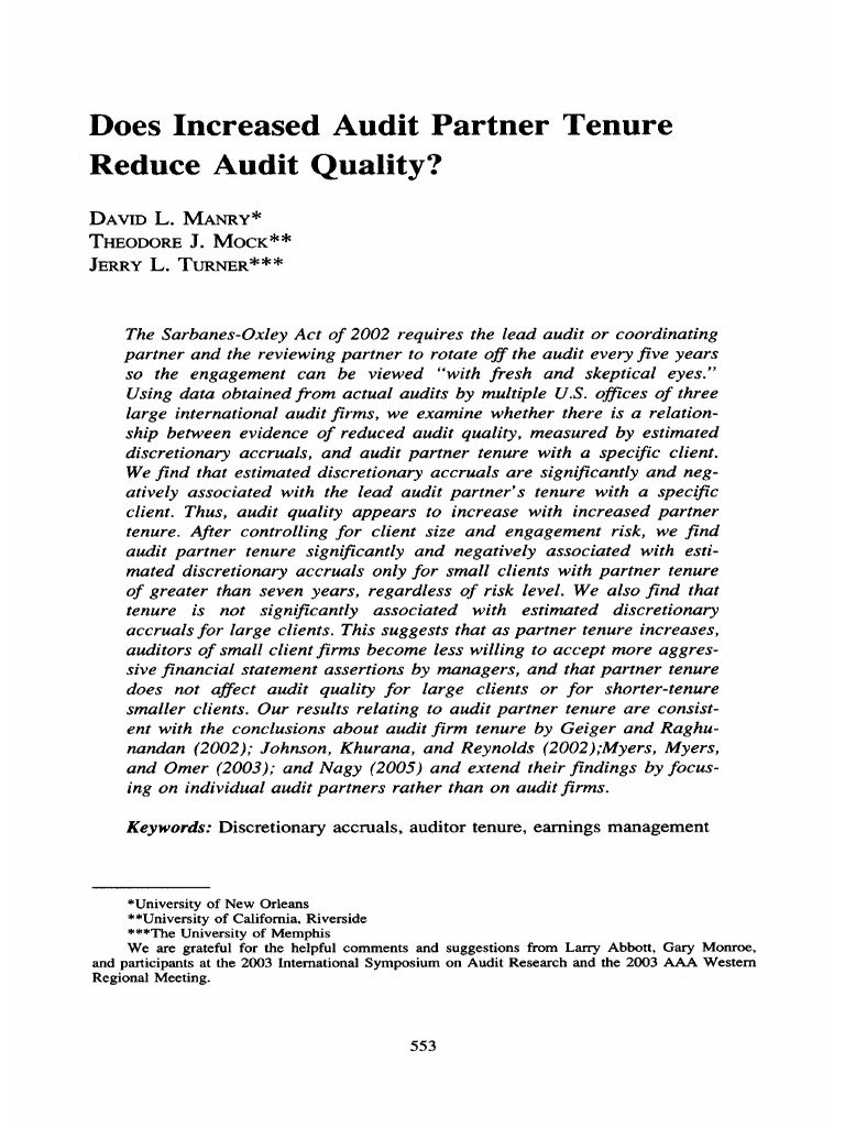 2008 - Does increased audit partner tenure reduce udit quality - Manry | PDF | Audit | Sarbanes ...