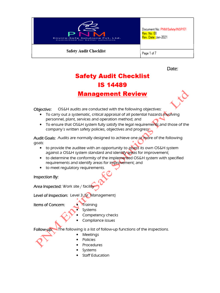 PNM Safety Audit Checklist (IS 14489-1998) | PDF | Audit | Occupational ...