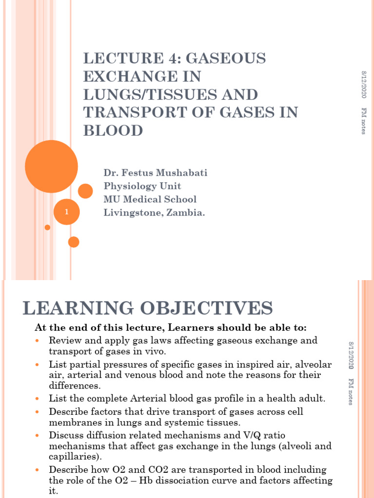 Lecture 4 GASEOUS EXCHANGE AND TRANSPORT OF GASES IN BLOOD | PDF ...