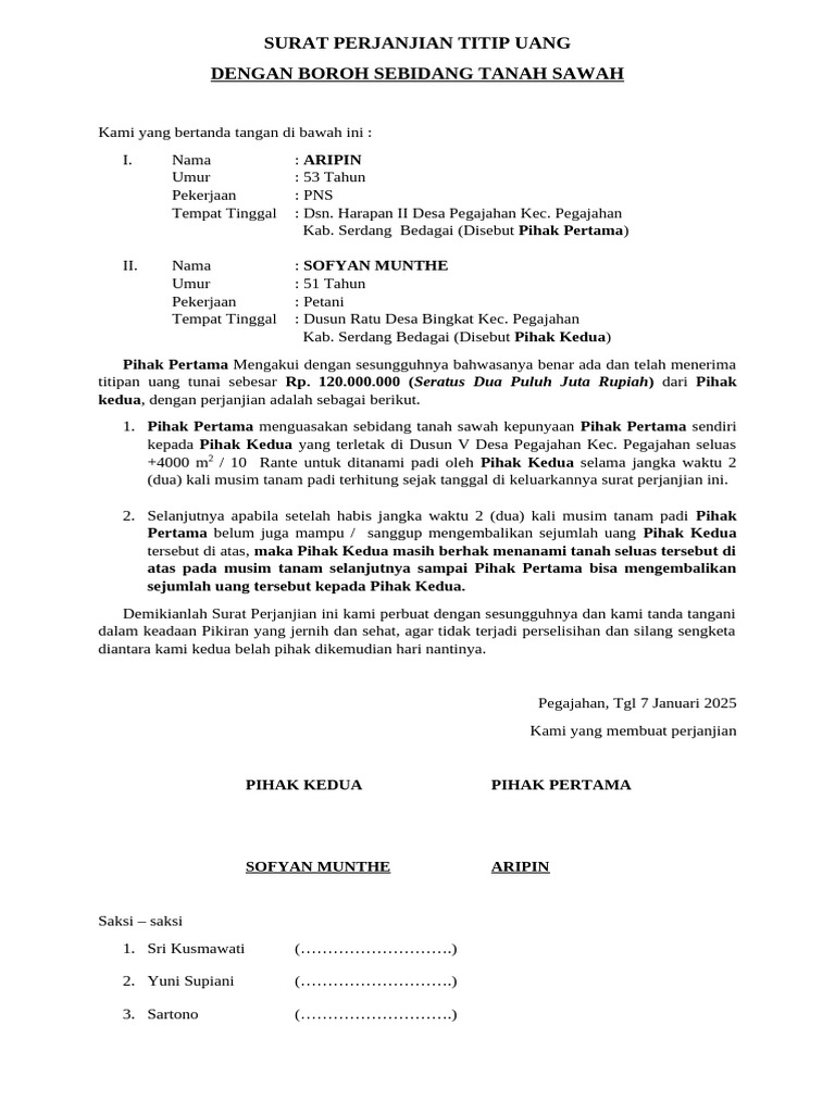 Surat Perjanjian Titip Uang | PDF