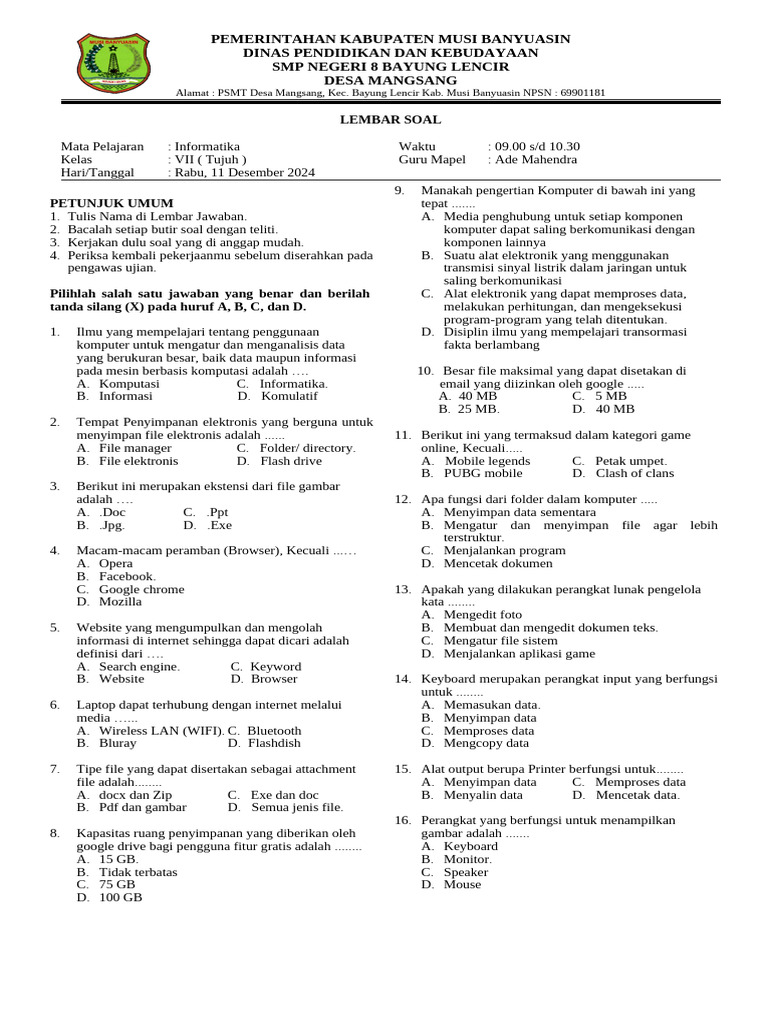Soal Informatika Kelas Vii | PDF