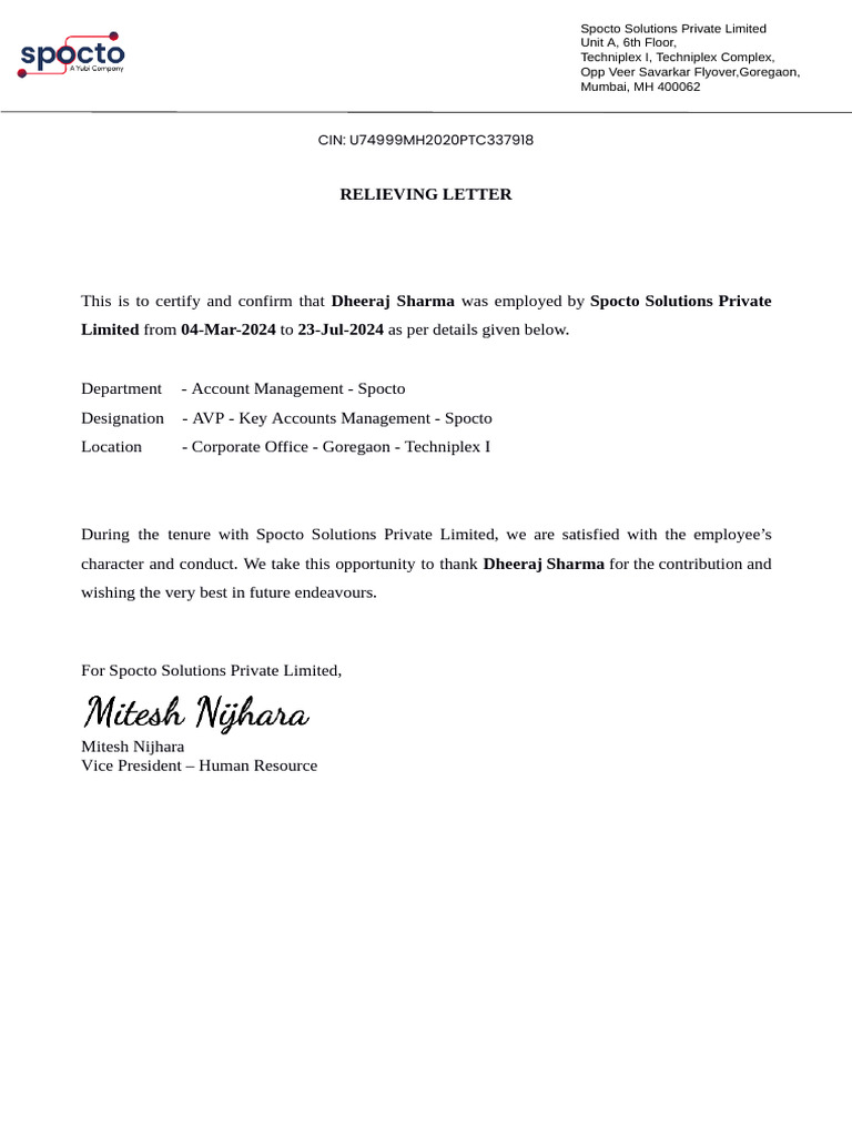 Relieving Letter Spocto | PDF