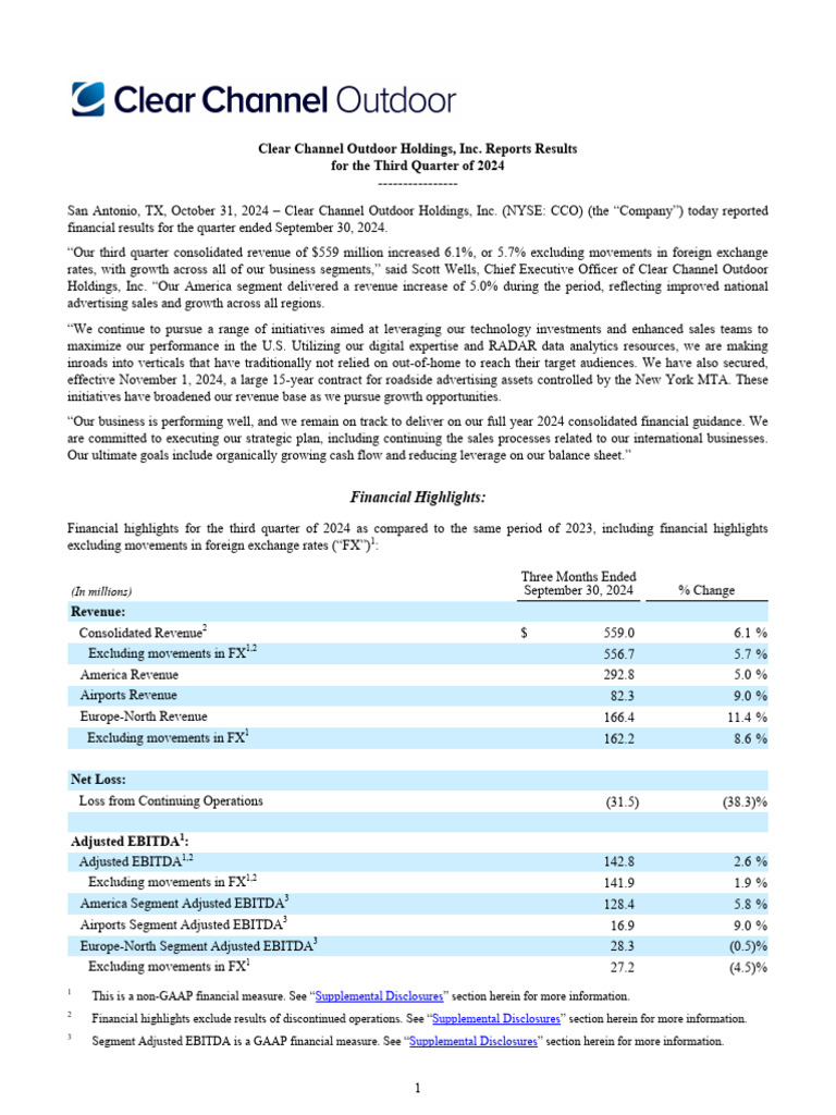 CCOH Earnings Release 2024 Q3 - Final | PDF | Debt | Expense