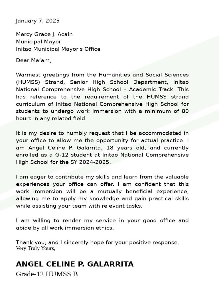 Grade 12 Work Immersion Application Letter | PDF