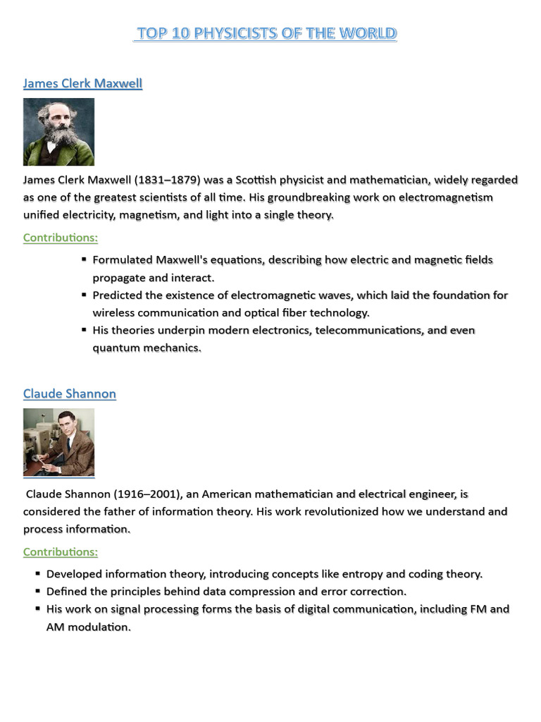 TOP 10 PHYSICISTS OF THE WORLD (Saumya) | PDF | Electromagnetism ...