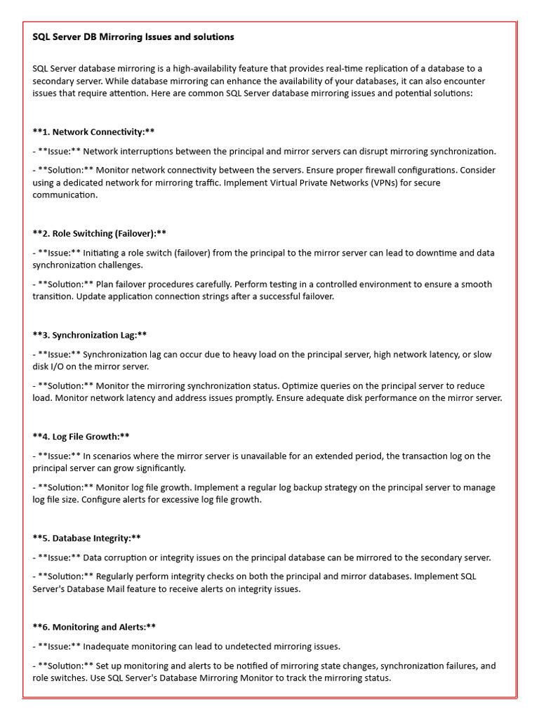 Sql Server Db Mirroring Issues And Solutions Pdf Microsoft Sql Server Databases