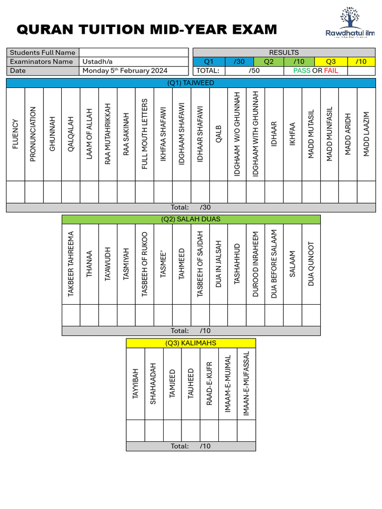 Mid-Year Quran Exam Paper | PDF | Semitic Words And Phrases