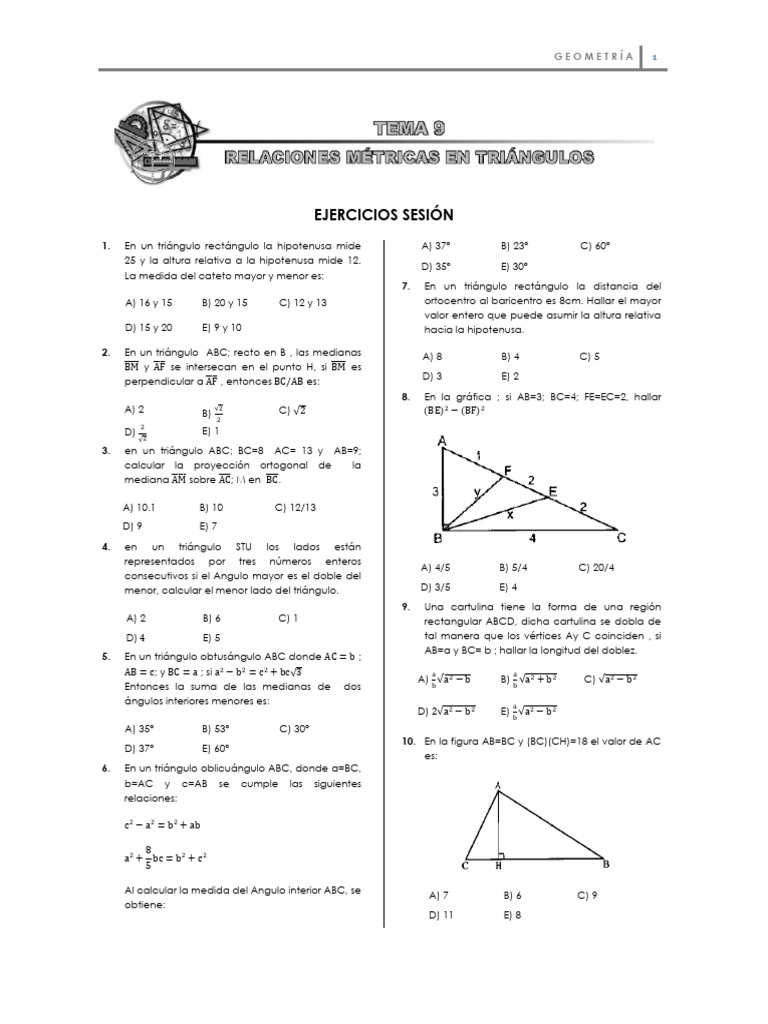 9 Ejercicios Relaciones Metricas Propuesto | PDF | Triángulo | Geometría