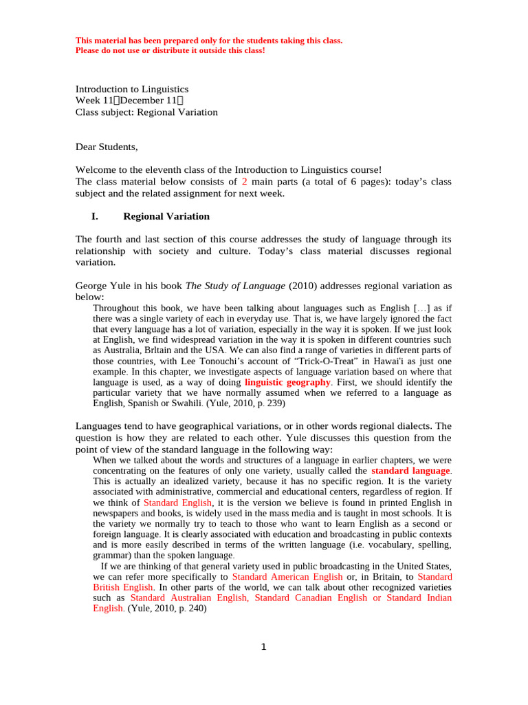 Introduction To Linguistics Week 11 Class Material (December 11, 2024 ...