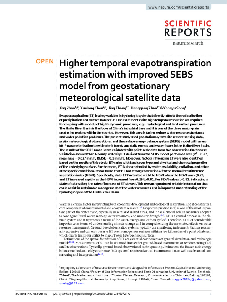 Higher Temporal Evapotranspiration Estimation With Improved SEBS Model ... Higher Temporal Evapotranspiration Estimation With Improved SEBS Model ...