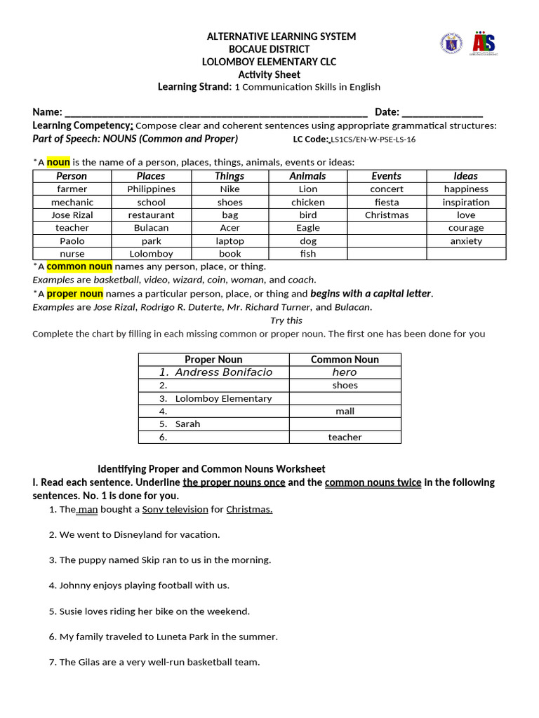 LS 1 English NOUNS (Common and Proper | PDF | Grammar | Linguistic ...